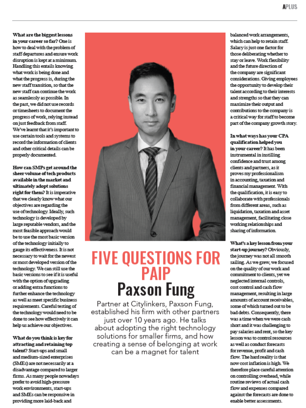 CityLinkers' partner Paxson Fung was interviewed by "A Plus"